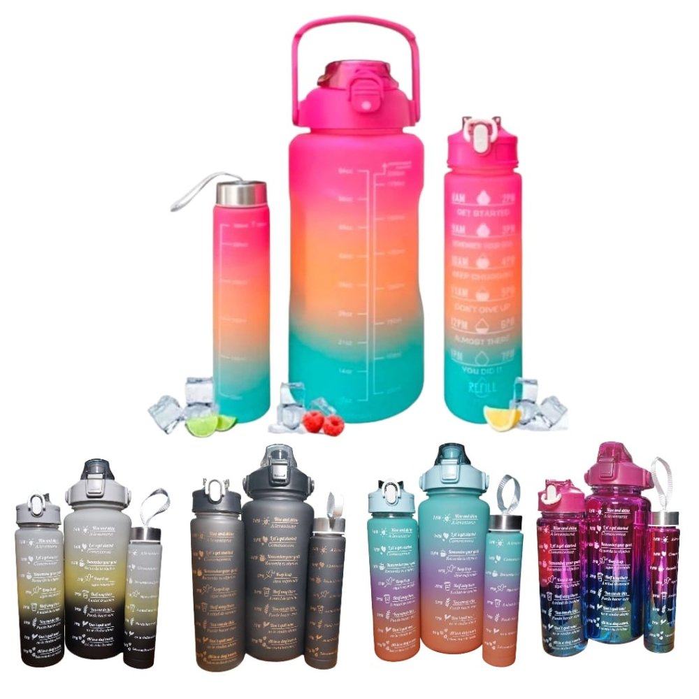 Set De 3 Termos Botella De Agua Motivacional 2 Litros Pitillo Gimnasio ...