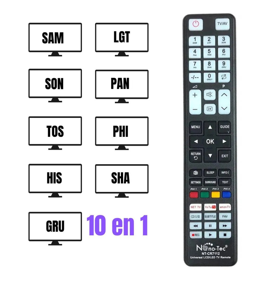 Control Remoto Universal Tv Nanotec Cr7112 10 En 1 | Los Novedosos