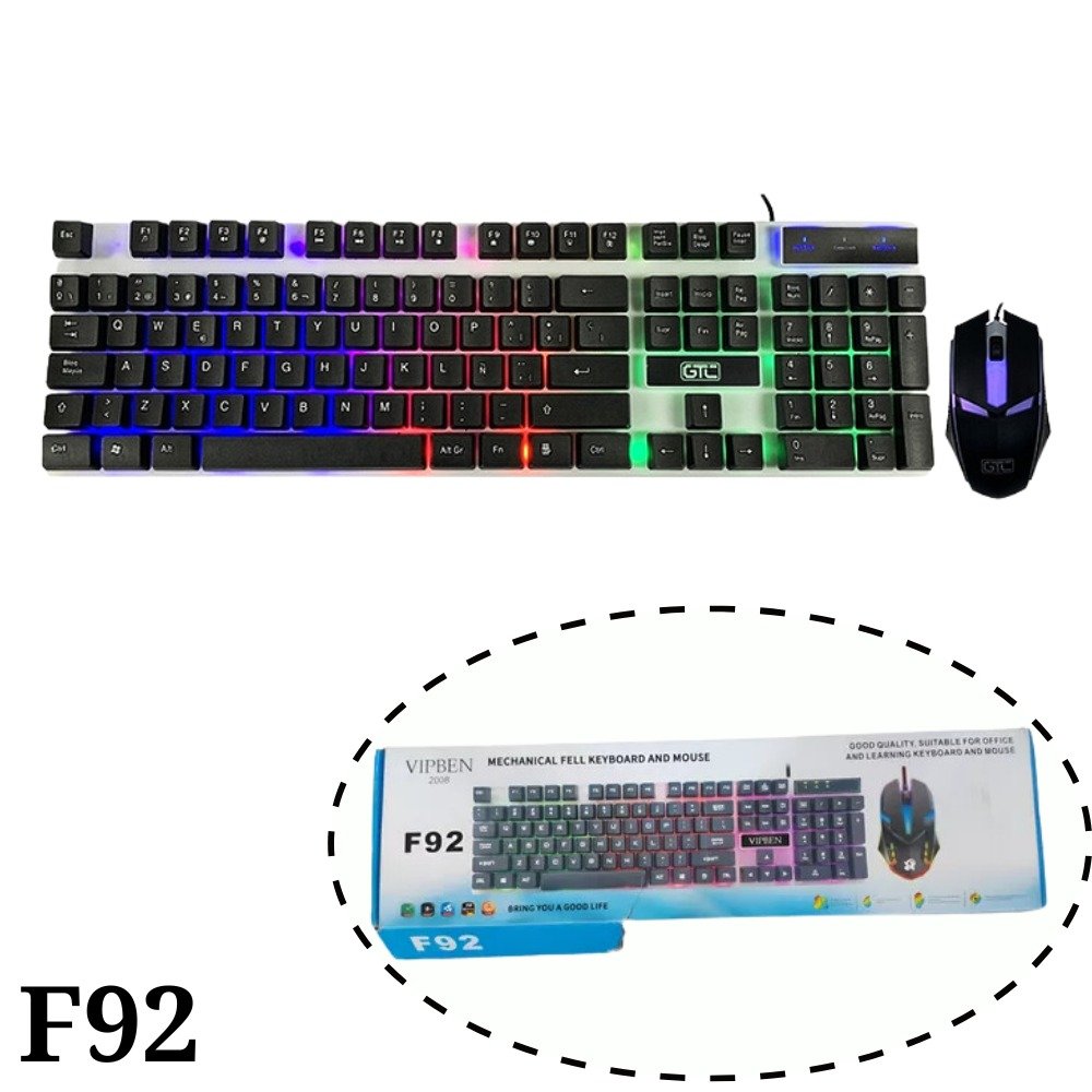 Combo Teclado Y Mouse Gamer Alambrico F92 Iluminado Rgb Usb Gaming ...